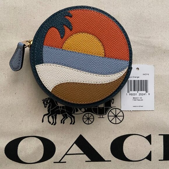 Coach | Bags | Coach Circle Coin Case Beach Postcard Zip Leather Wallet ...